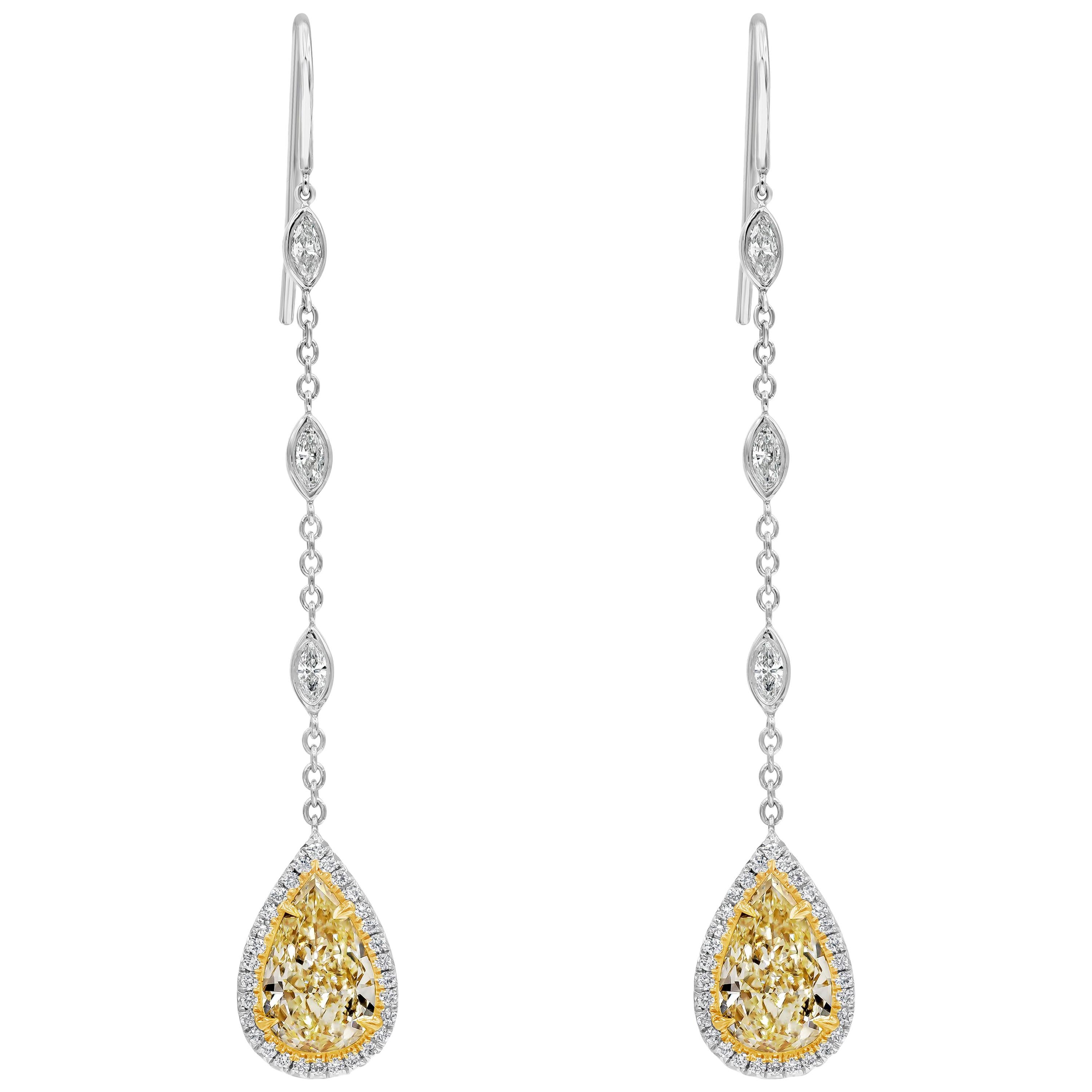 GIA Certified Pear Shape Diamond Platinum Dangle Earrings at 1stDibs