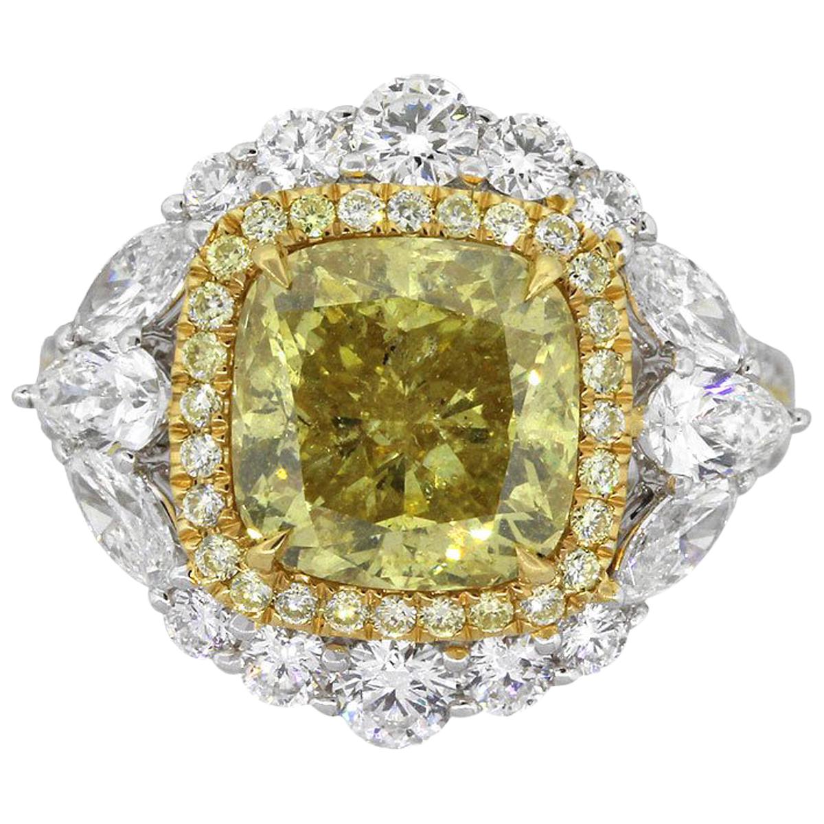 Cushion Natural Fancy Yellow Diamond Engagement Ring in 18 Karat Two ...