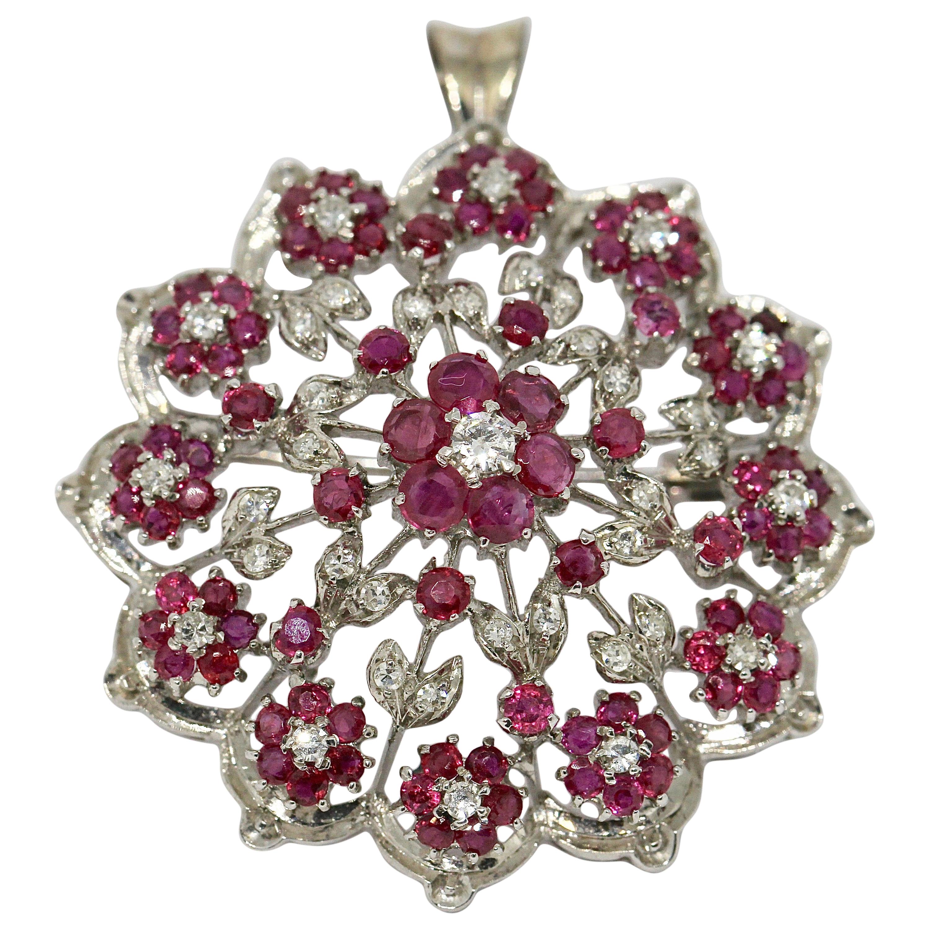 Diamond and Ruby Brooch, Pendant, Enhancer, 18 Karat White Gold, Flower ...