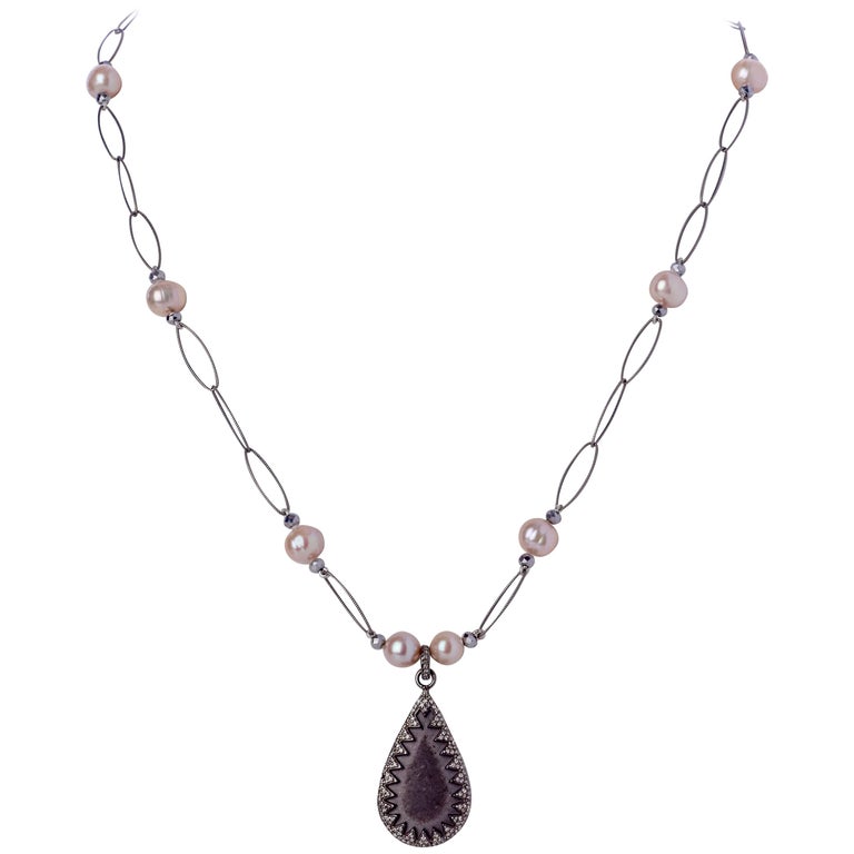 Tear Drop Pendant w Diamonds on Fine Sterling Silver Oval Chain w Blush ...