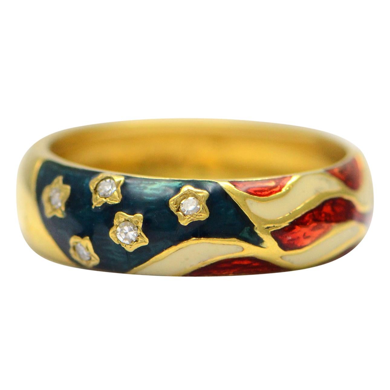 Solid 18 Karat Yellow Gold Natural Diamond and Enamel American Flag ...