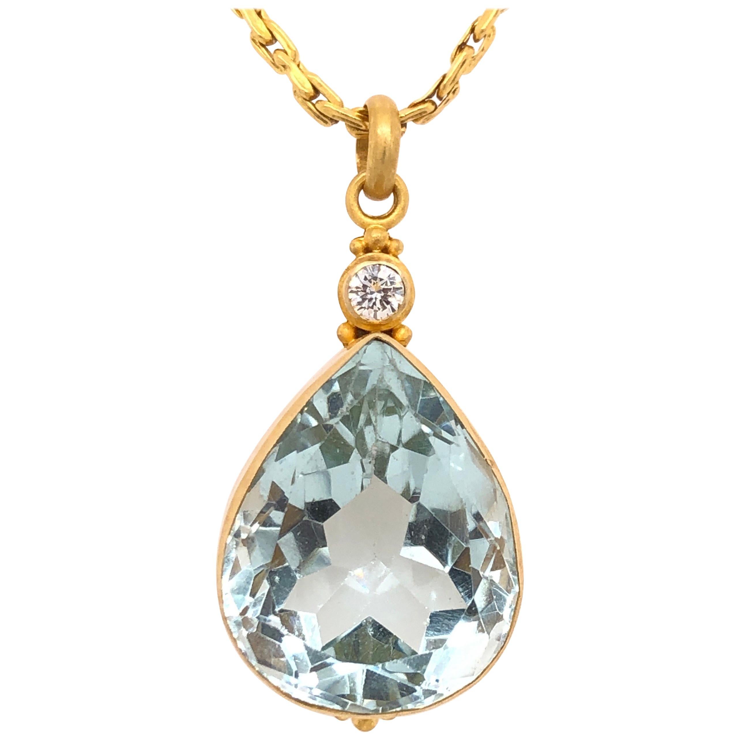Pear Shaped Aquamarine, Diamond, Yellow Gold Pendant at 1stDibs