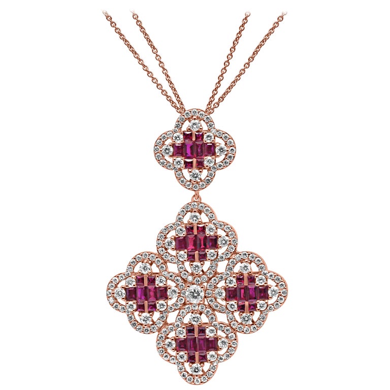 18 Karat Rose Gold Ruby Gemstone and Diamond Clover Pendant Necklace ...