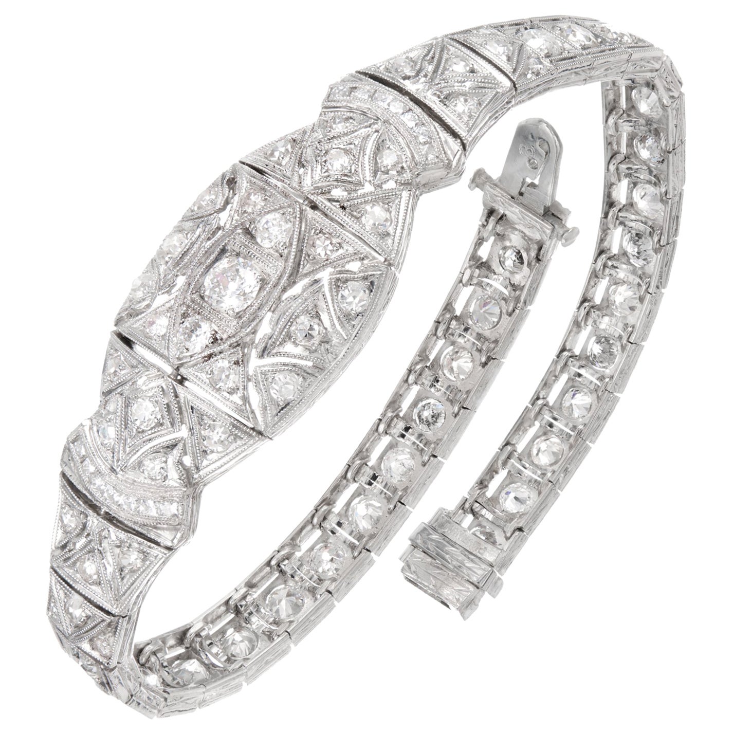 Art Deco Round Square Diamond Platinum Hinged Link Bracelet at 1stDibs