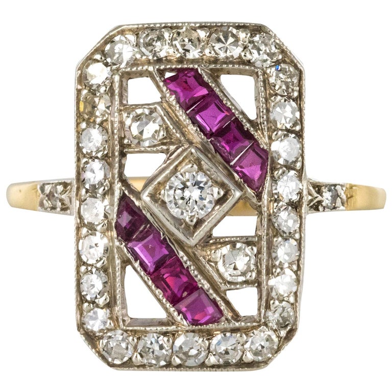 1925s French Art Deco 18 Karat Yellow Gold Ruby Diamond Rectangular Ring at 1stDibs