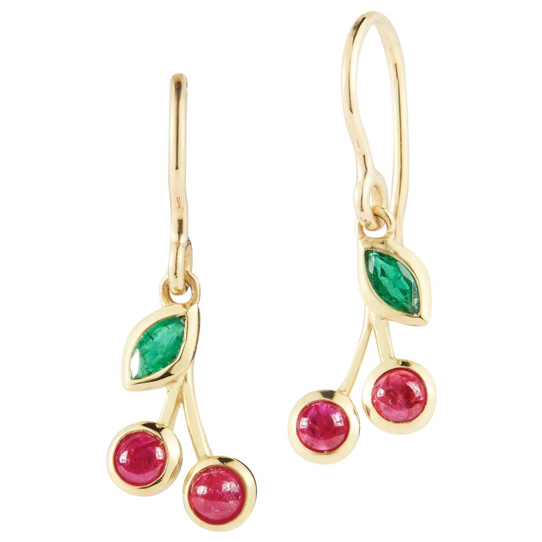 Emerald and Ruby Cherry Earrings For Sale at 1stDibs