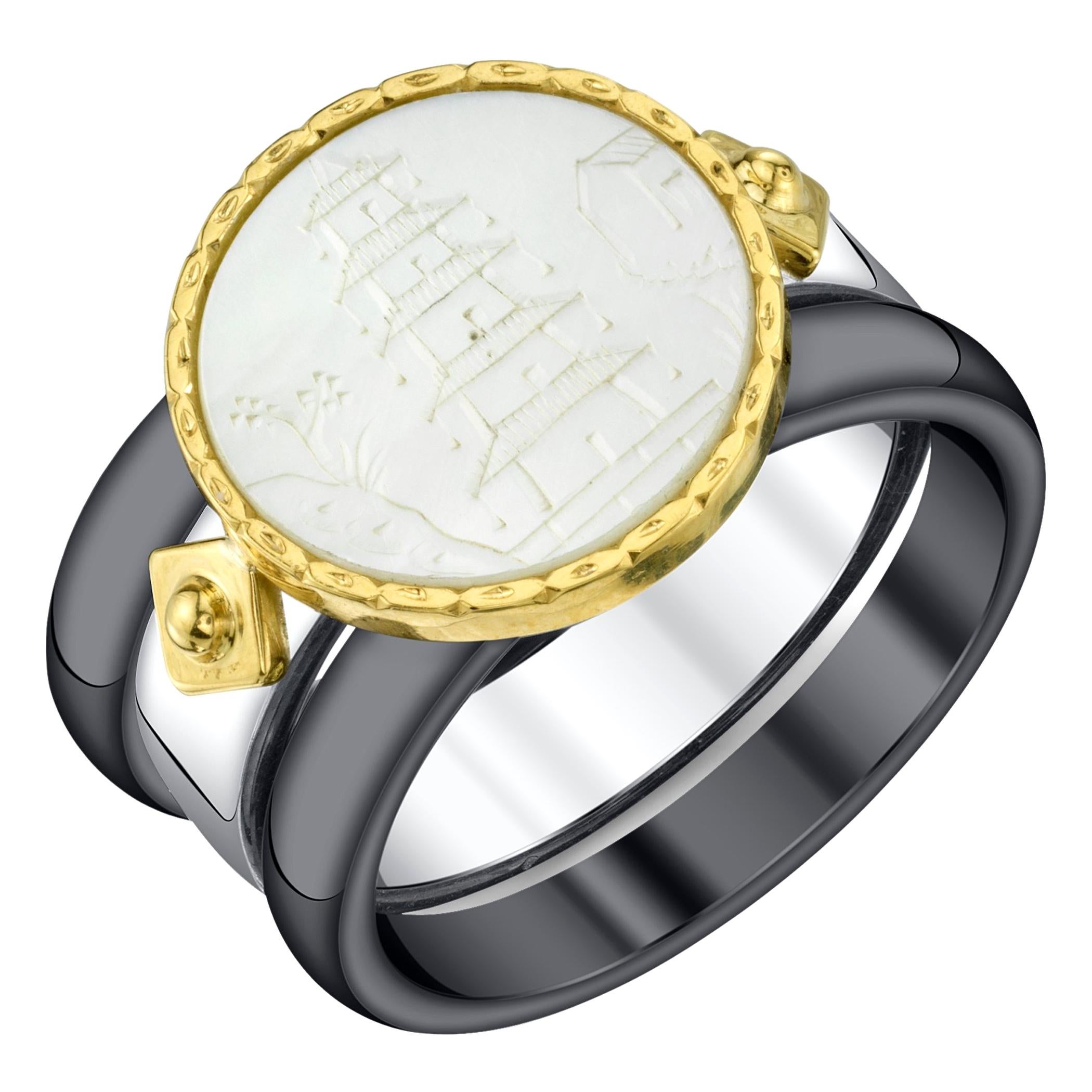 Antique Mother-of-Pearl Gaming Counter 18k Gold and Silver Circle Ring ...