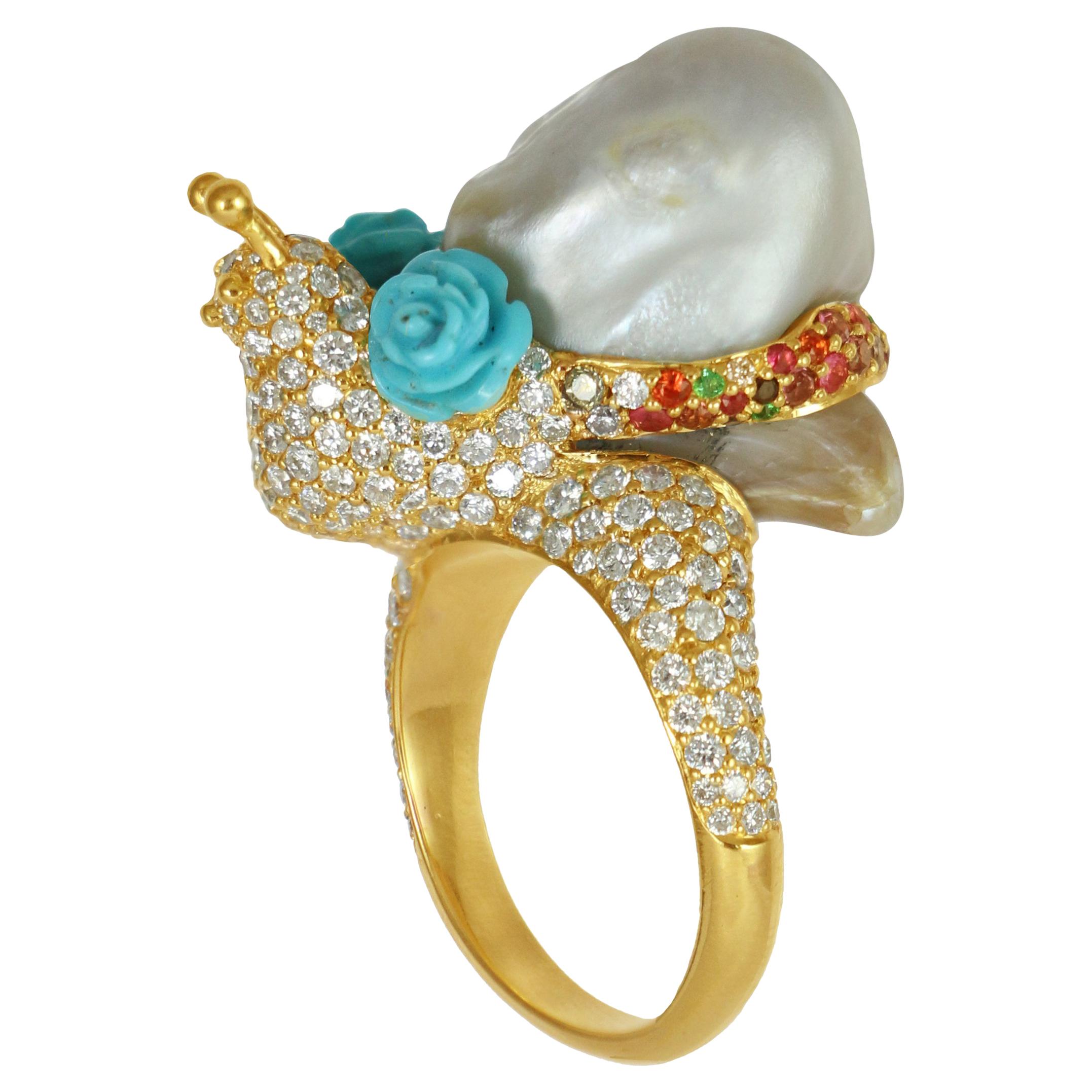 Sylvie Corbelin, Natural Pearl and Diamonds Snail Ring at 1stDibs
