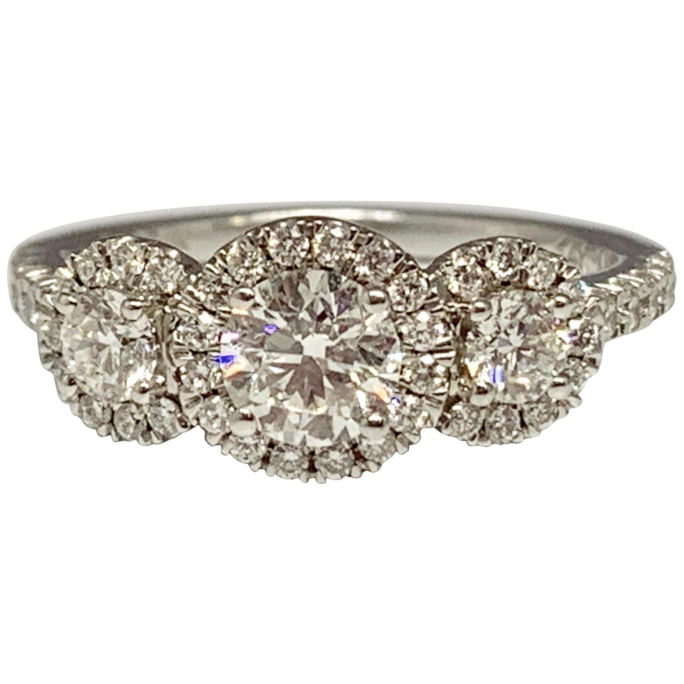 14 Karat White Gold 1.13 Carat Total Weight 3-Stone Diamond Engagement ...