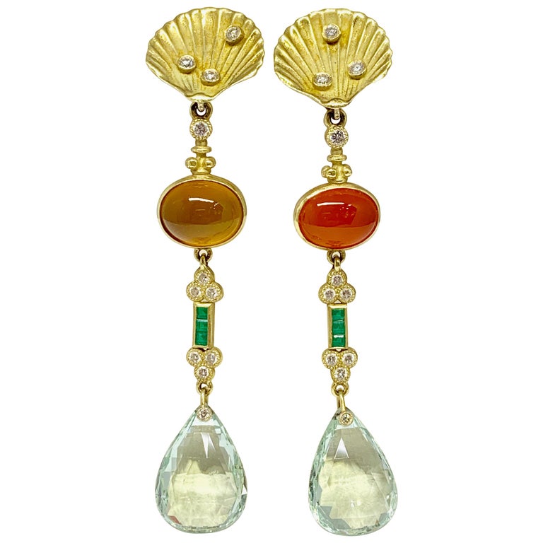 18 Karat Gold Designer Aquamarine and Diamond Station Detachable Drop ...