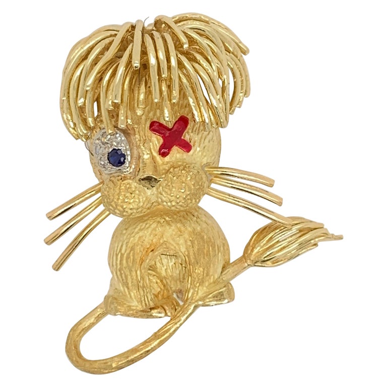 Vintage 1950s Retro Gold Brooch Pin CAT Natural Diamond Sapphire Enamel ...