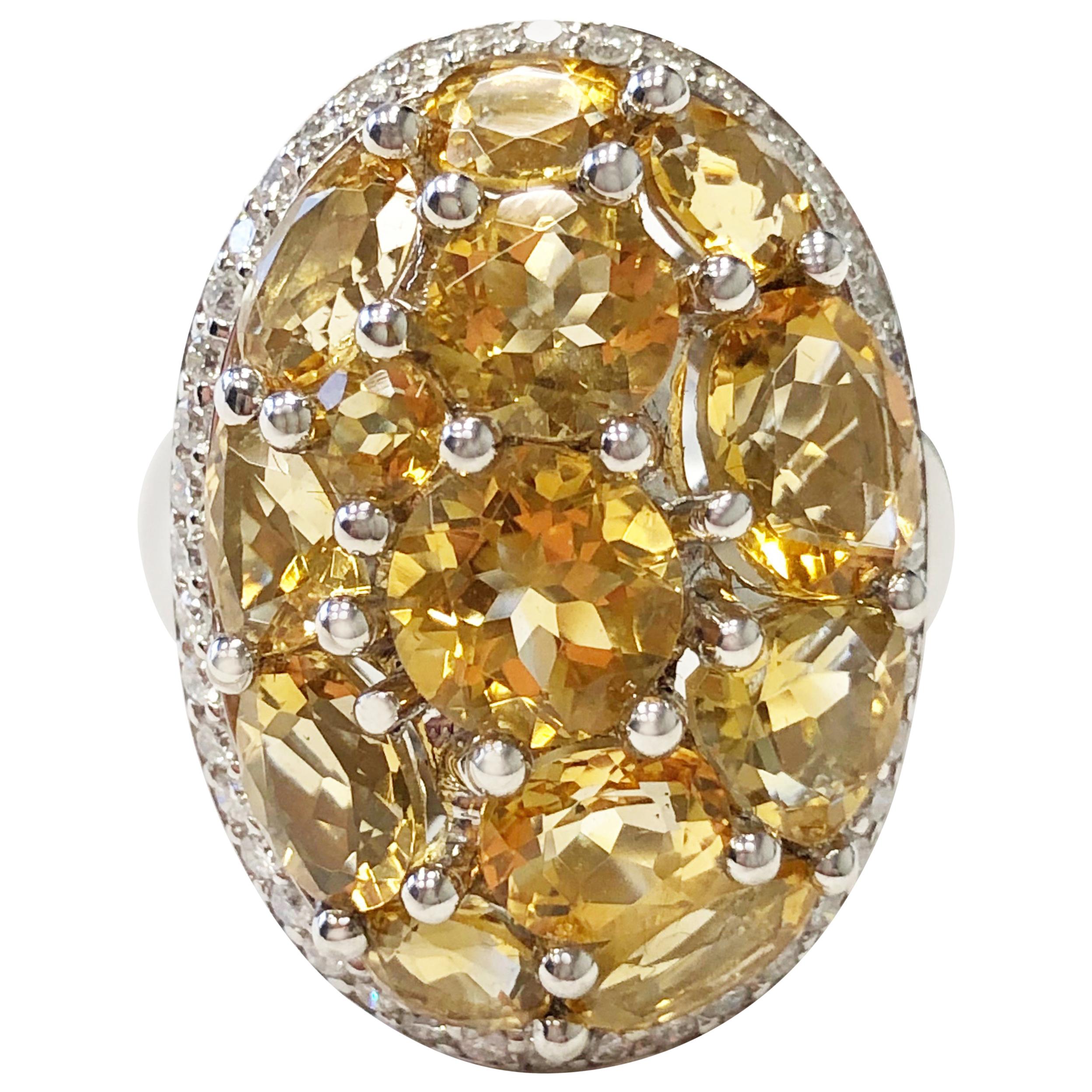 Oval Citrine 18 Karat Yellow Gold and Diamond Large Cocktail Ring For ...