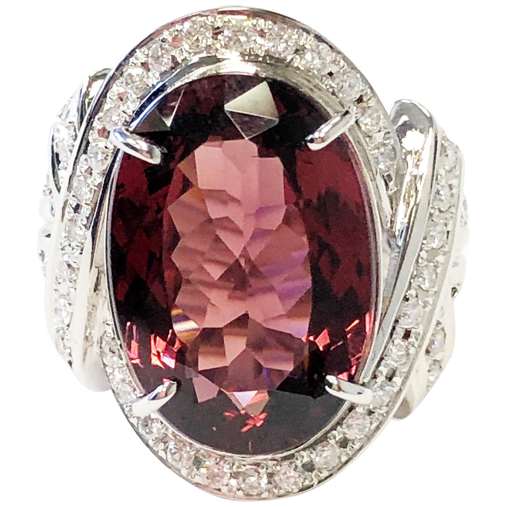 Garnet and Diamond Platinum Cocktail Ring at 1stDibs