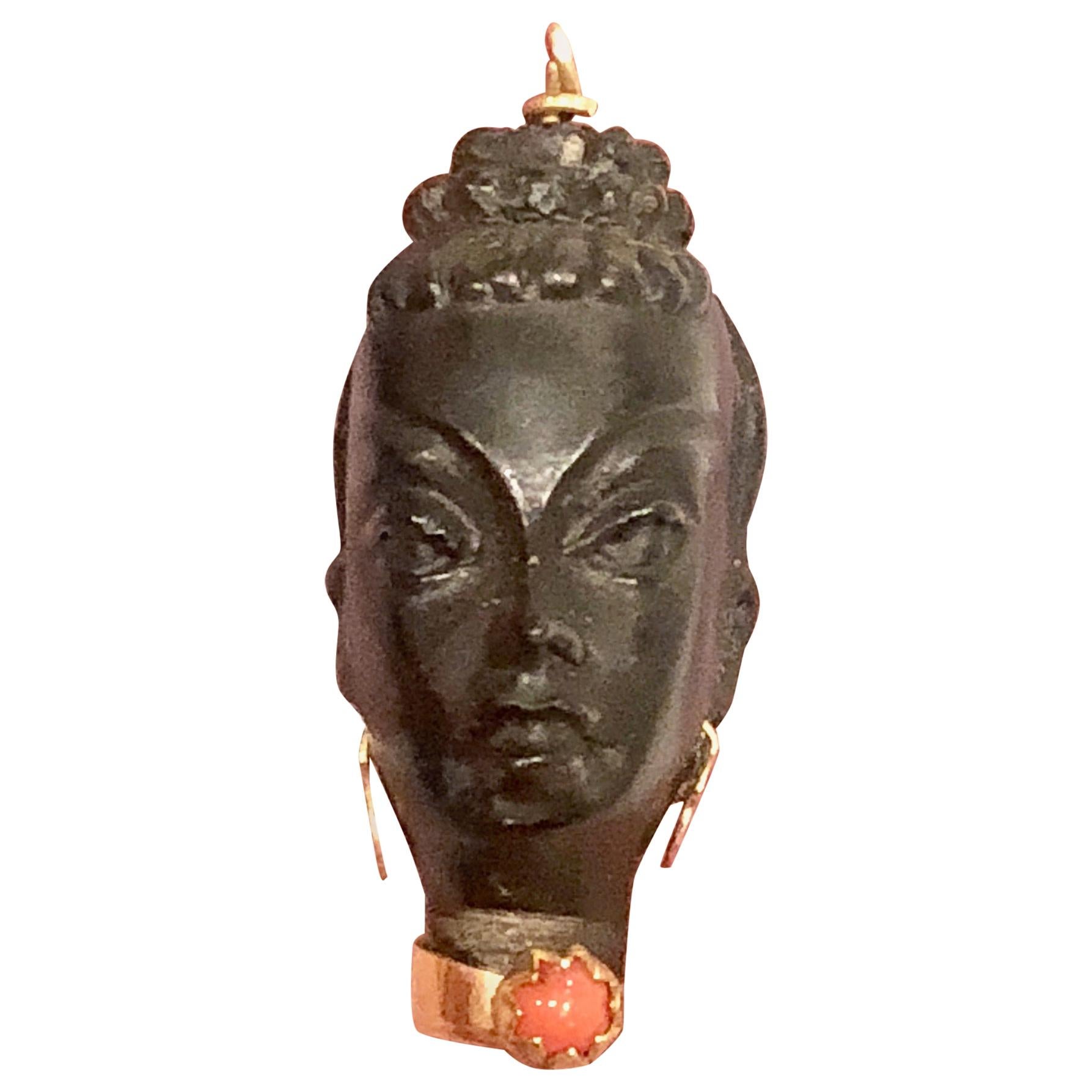 Vintage Italian Ebony Head 18 Karat with Coral Pendant at 1stDibs