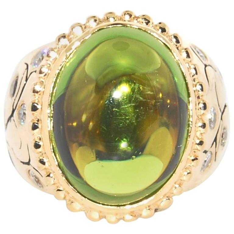 Custom Cabochon Peridot Ring in 14 Karat Yellow Gold and Diamonds For ...