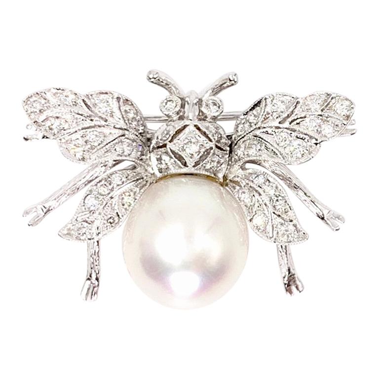 18 Karat White Gold Diamond and Pearl Bee Brooch at 1stDibs