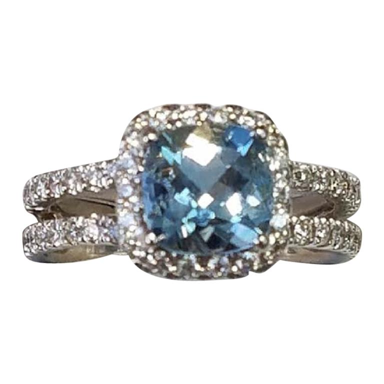 Vintage 1960's 10ct Cushion Cut Aquamarine Ring with Diamonds For Sale ...