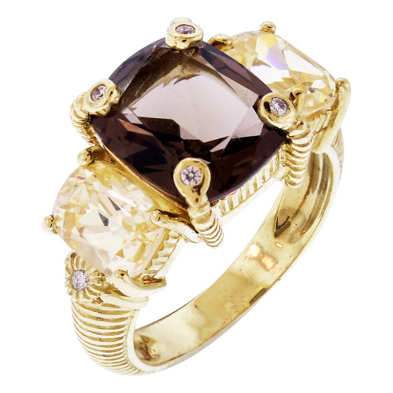 Judith Ripka Smokey Topaz Yellow Quartz Diamond Gold Ring For Sale at ...