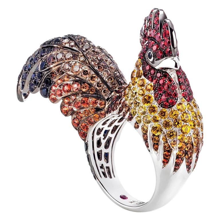 Rooster Gemstones 18 Karat White Gold Ring For Sale at 1stDibs | what ...