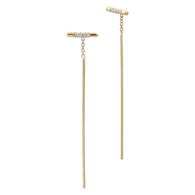 Yellow Gold Pavé Diamond Bar Threader Earrings at 1stDibs
