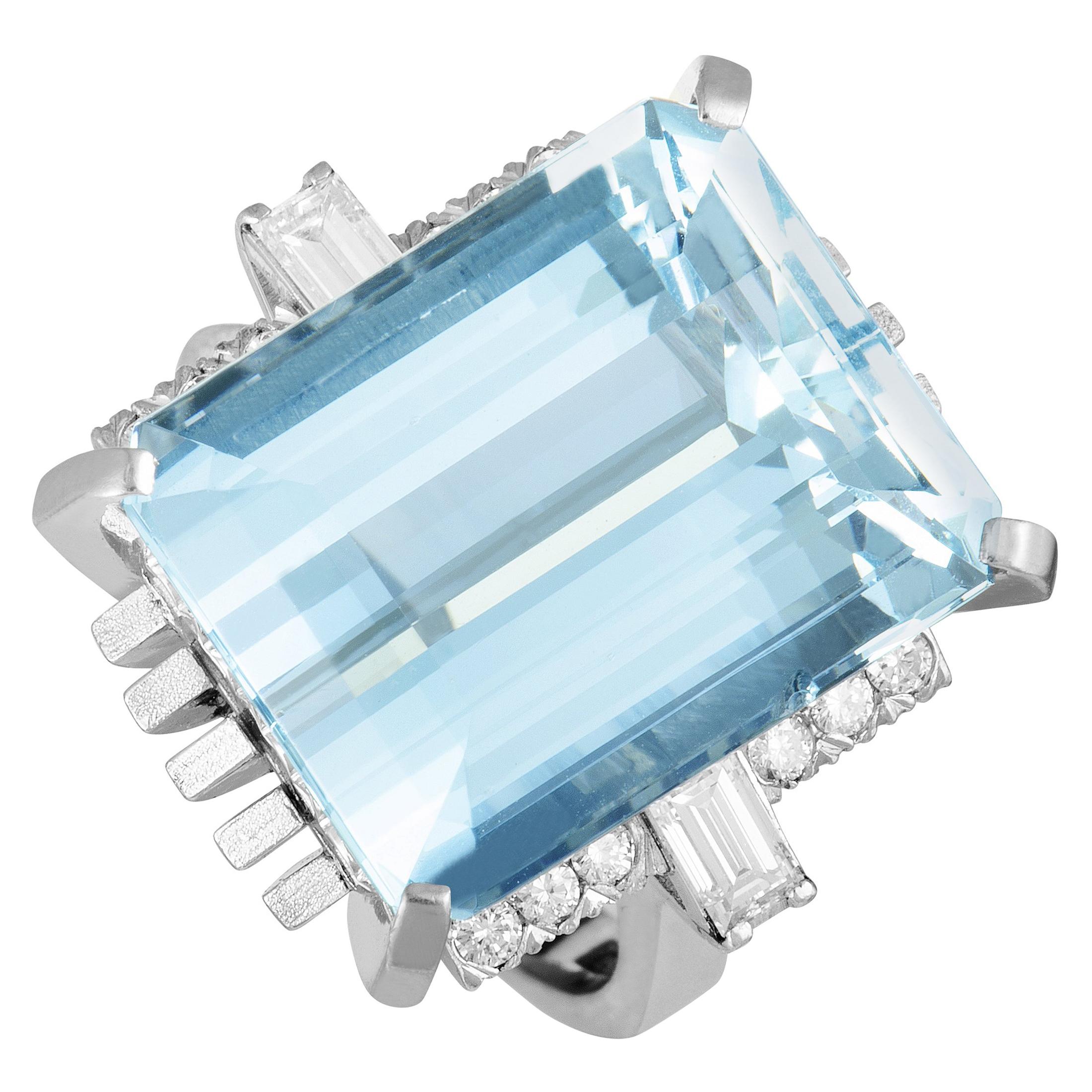 Platinum Diamond and Large Rectangle Aquamarine Ring at 1stDibs