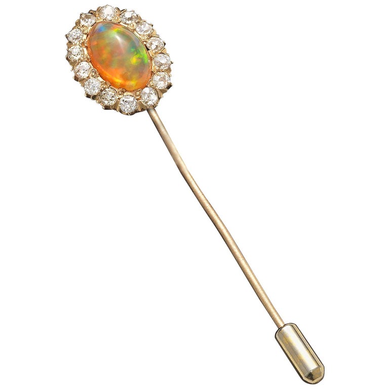 Vintage Opal Diamond Yellow Gold Hat Pin at 1stDibs