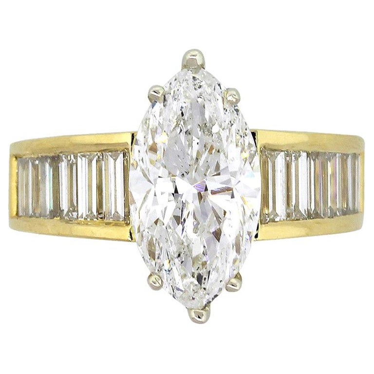 3.39 Carat Marquise Cut Diamond Ring with Baguette Diamonds at 1stDibs