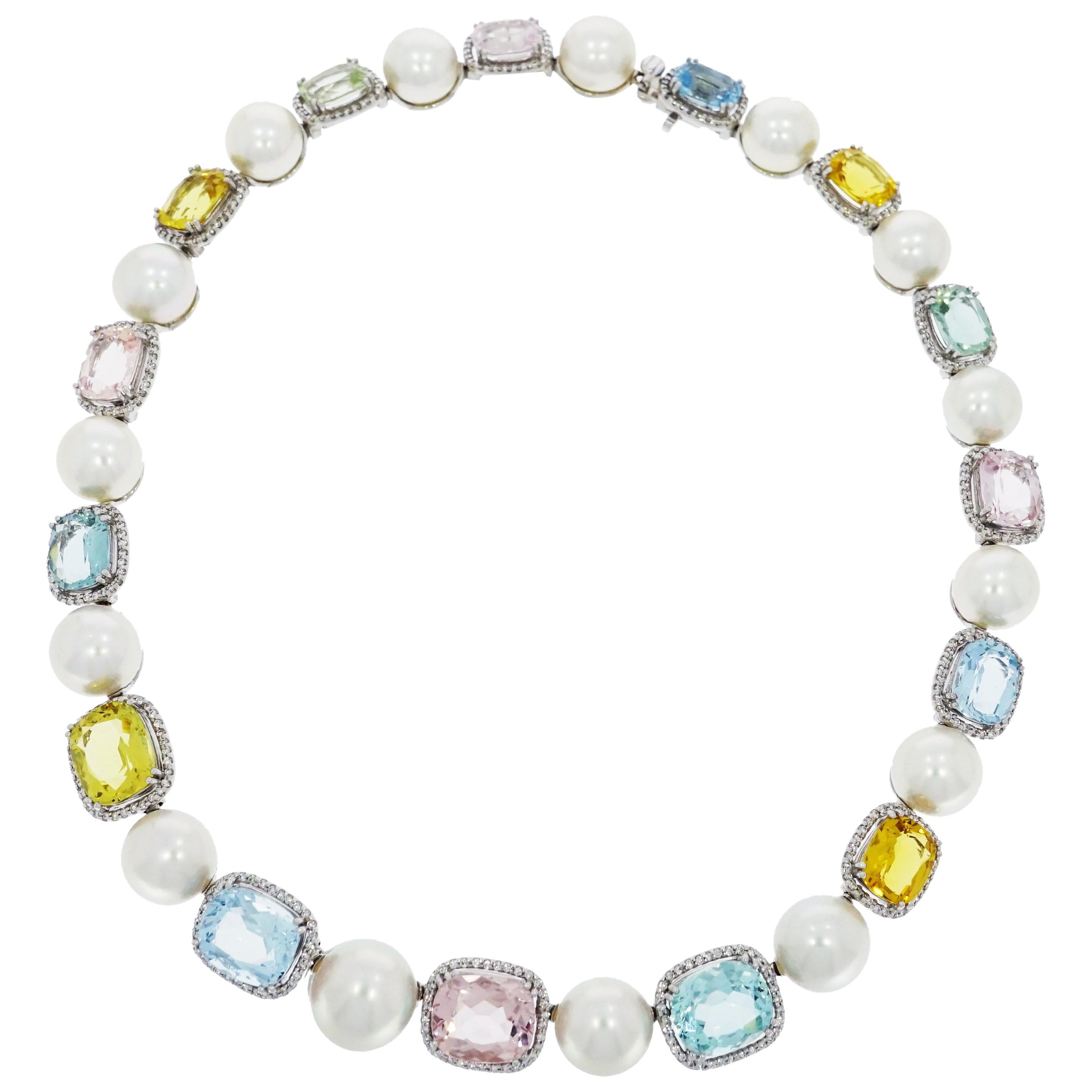 Pearls, Pastels Gemstones and Diamonds White Gold Necklace For Sale at ...