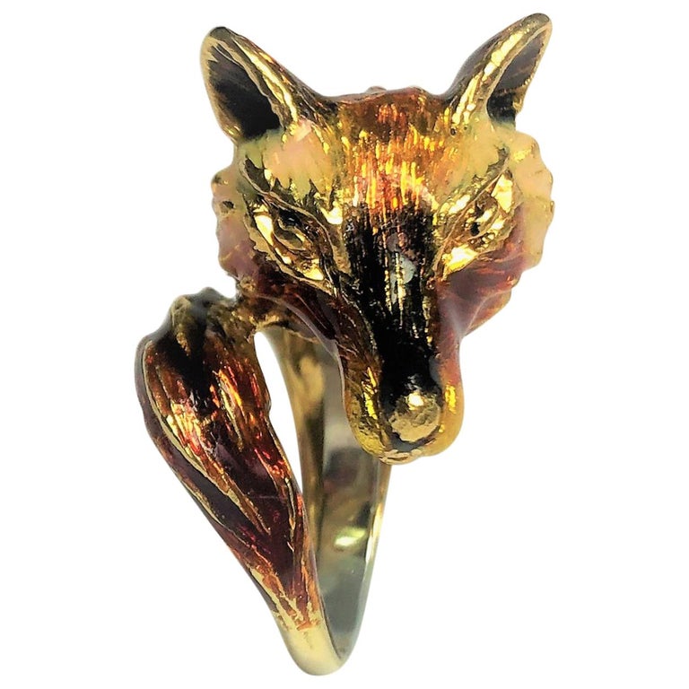 Fox Motif Gold and Enamel Ring For Sale at 1stDibs