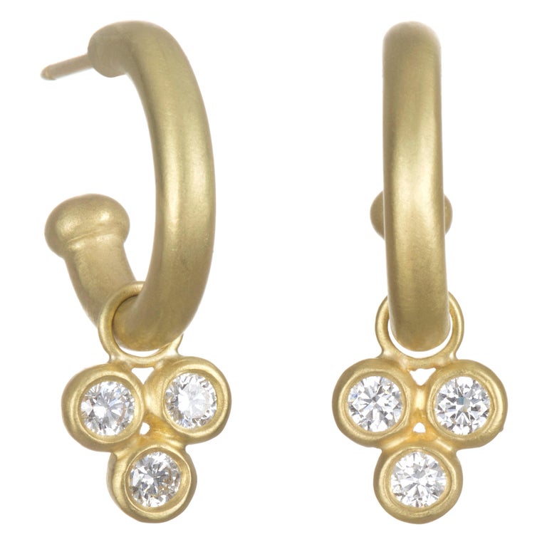 Faye Kim 18 Karat Gold Hoop Earrings with Triple Diamond Drops For Sale ...