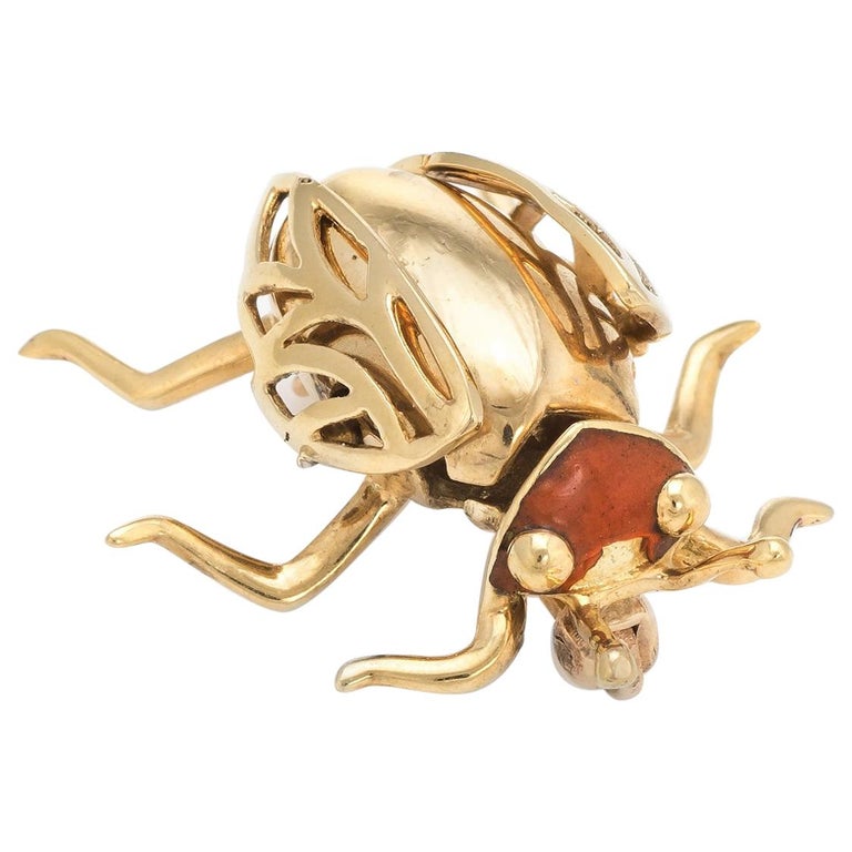Vintage Enamel Beetle Bug Insect Brooch Pin 14 Karat Yellow Gold Estate ...