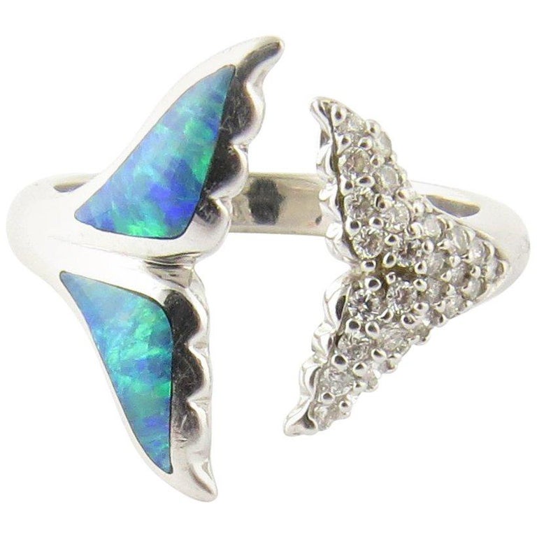18 Karat White Gold Kabana Opal and Diamond Whale Tail Ring at 1stDibs