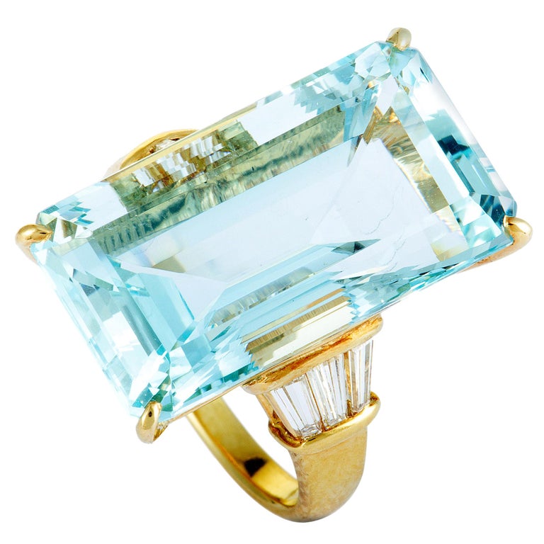 Tapered Baguette Diamonds and Rectangle Aquamarine Large Yellow Gold ...