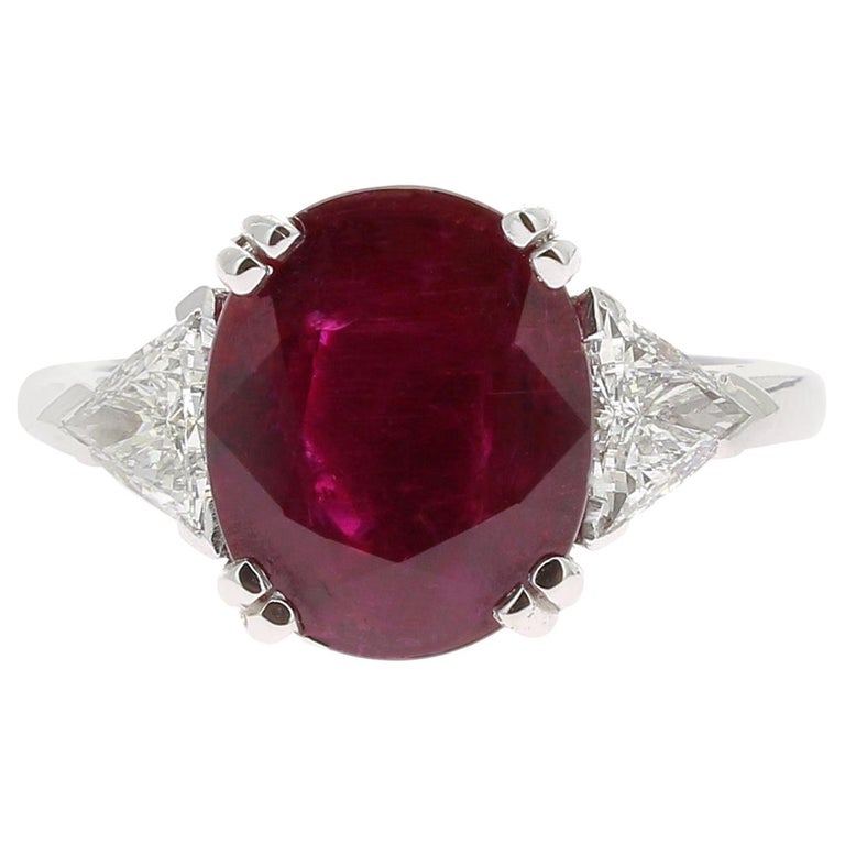 4.20 Carat NoHeated Ruby Cocktail Ring Set with Triangle White Diamond ...