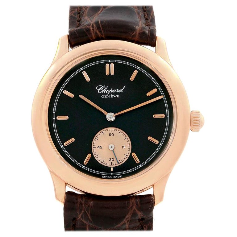 Chopard Classique Rose Gold Black Dial Brown Strap Men's Watch 16-1168 ...