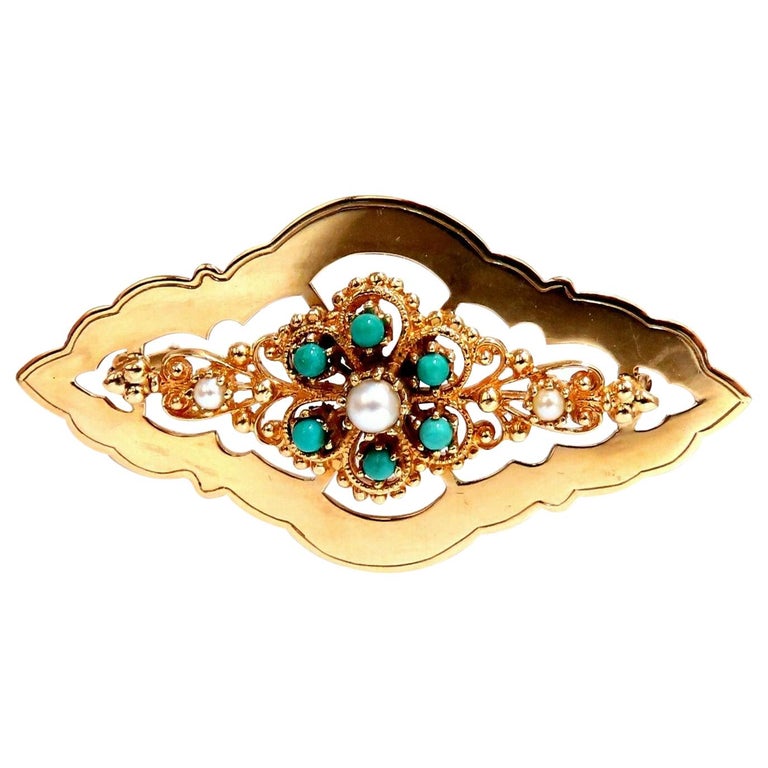 Natural Turquoise and Seed Pearl Open Gilt Etching Patterned Pin 14 ...