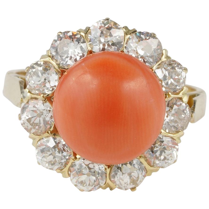 Magnificent 2.70 Carat Old Mine Diamond Salmon Coral Ring For Sale at ...