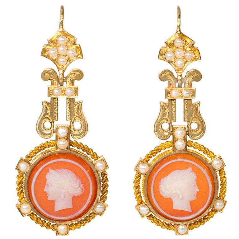 Antique French Pearl Ruby Black Enamel Gold Earrings at 1stDibs