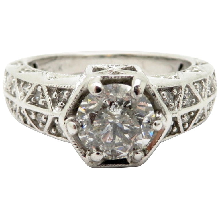 Estate 14 Karat White Gold Diamond Engagement Ring with a Pyramid Motif ...