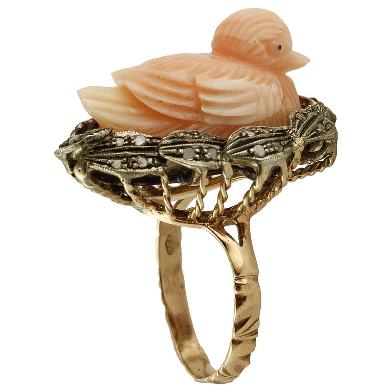 Carved Coral Duck, Diamonds, 9 Karat Rose Gold and Silver Ring at 1stDibs
