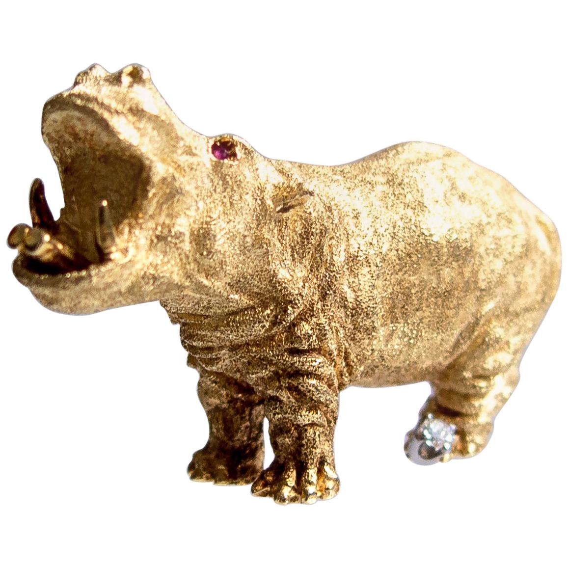 Ruby Diamond Gold Hippopotamus Pin at 1stDibs