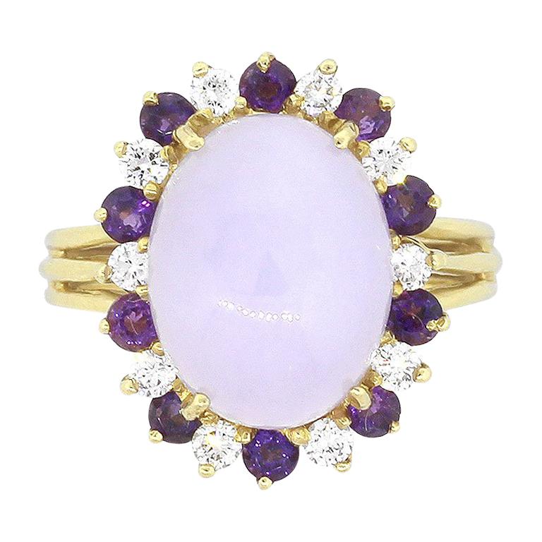 Lavender Jade Ring with Round and Baguette Diamonds at 1stDibs