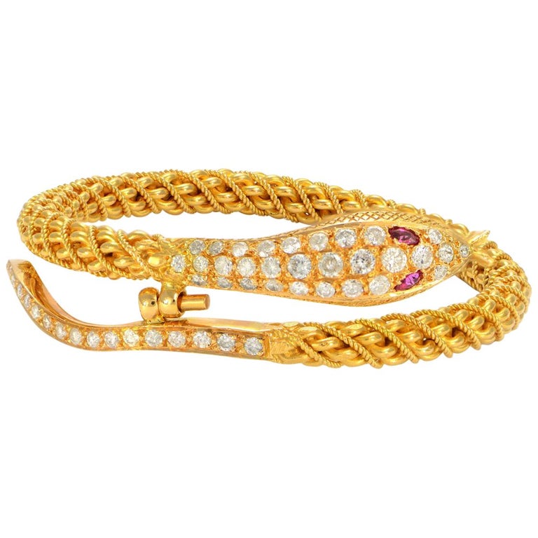 Solid 22 Karat Gold Textured Snake Bangle with Genuine Diamonds and ...