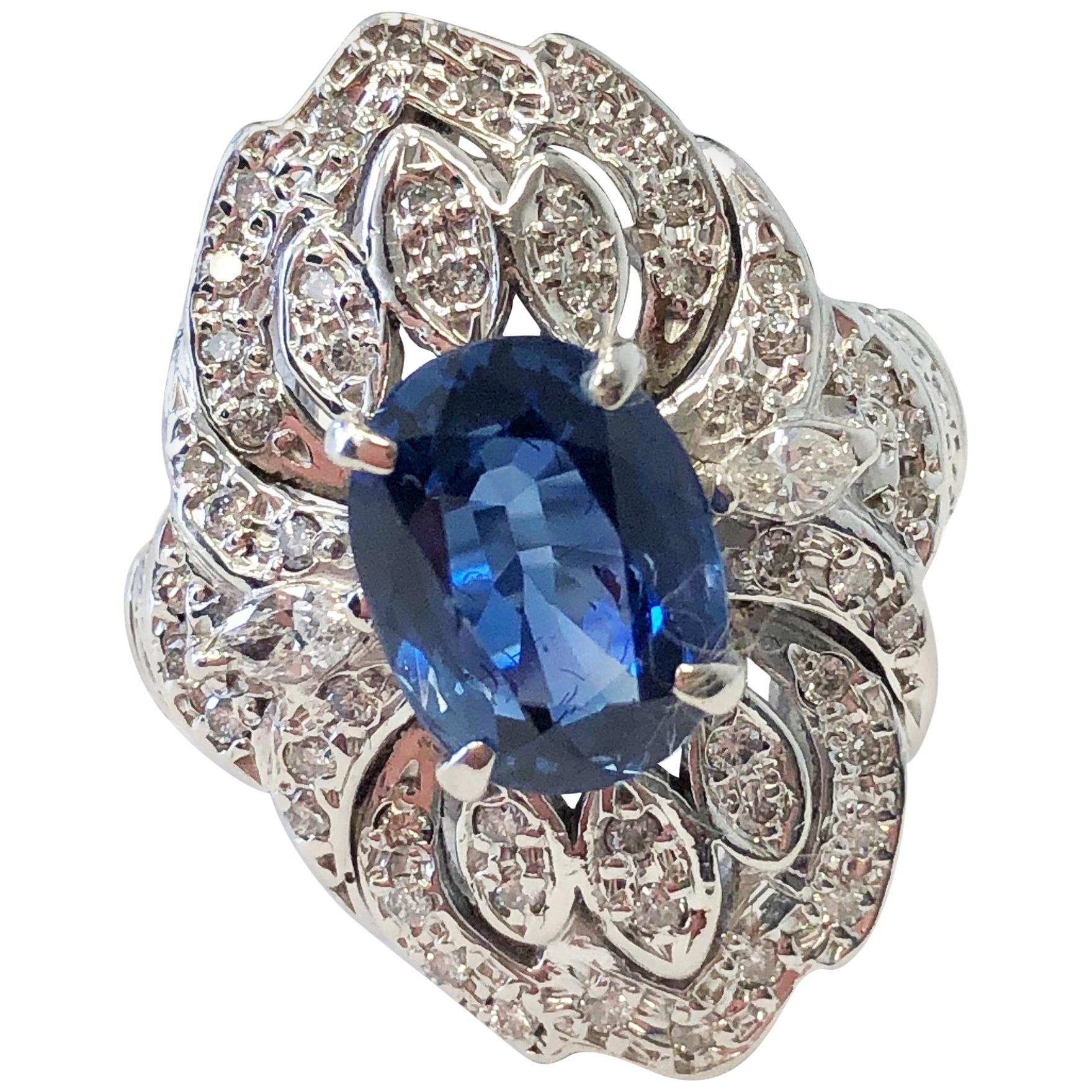 Blue Sapphire Oval Cocktail Ring with Round Rose-Cut Diamonds in ...
