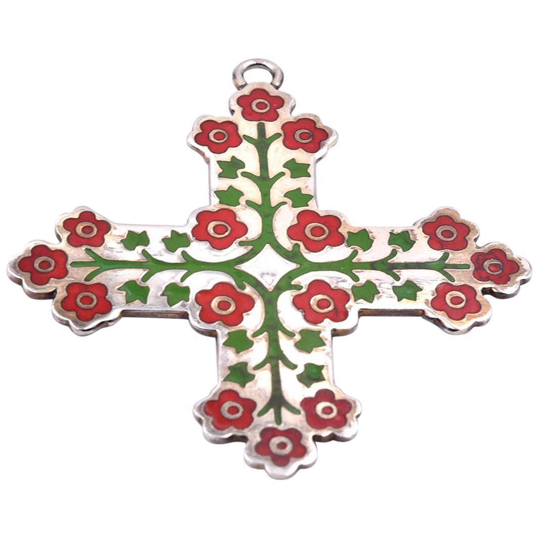 Vintage Sterling Silver Enamel Floral Cross Pendant For Sale at 1stDibs