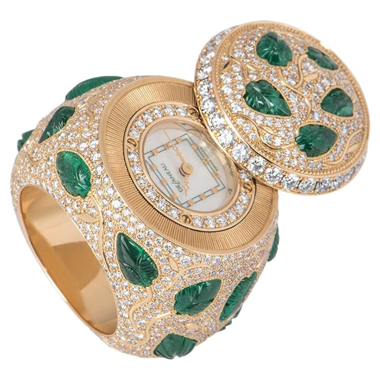 Rare DeLaneau Rose Gold, Diamond and Emerald Ring Watch 7.60 Carat IGR ...