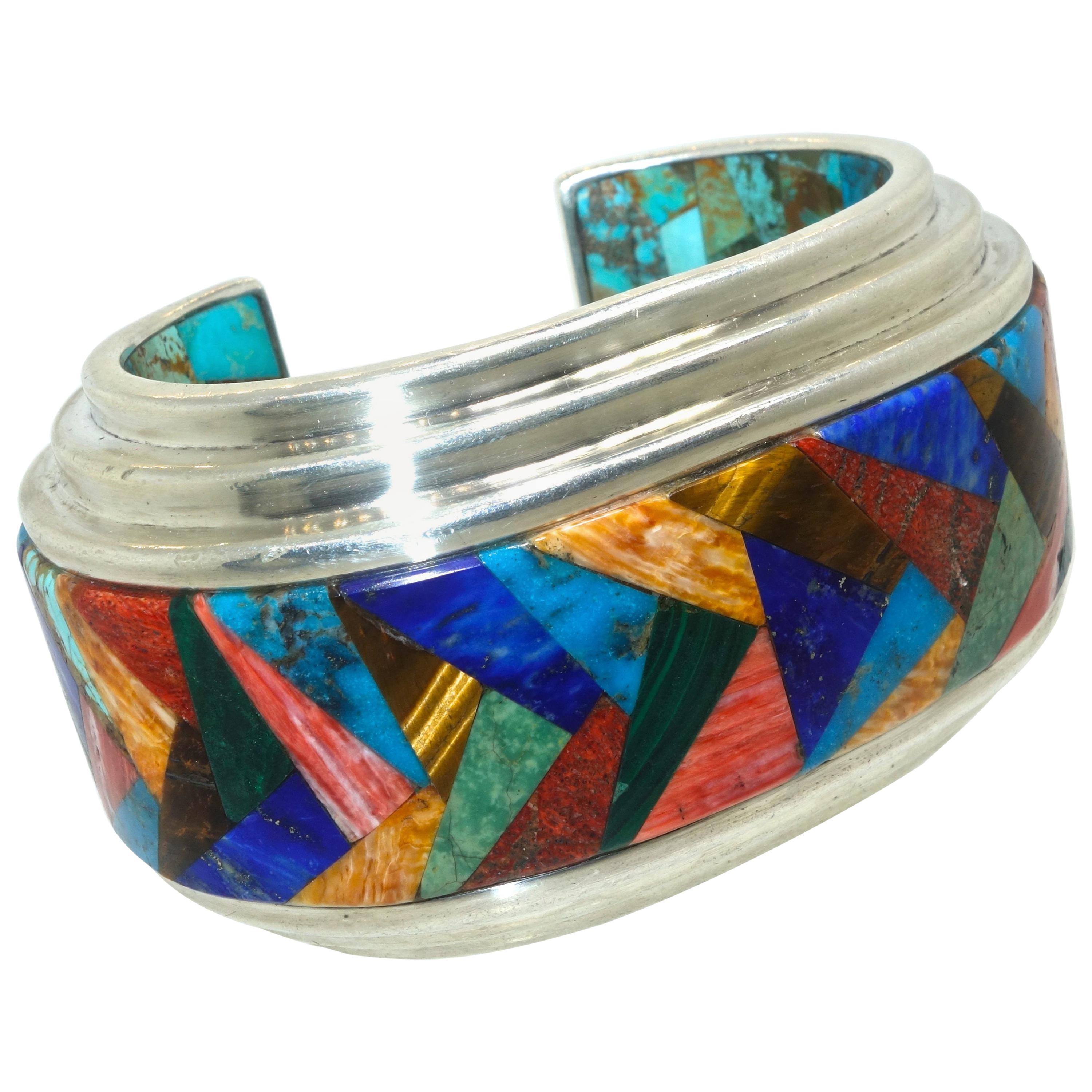 Large Sterling Silver and Precious Stone Cuff Bracelet For Sale at ...