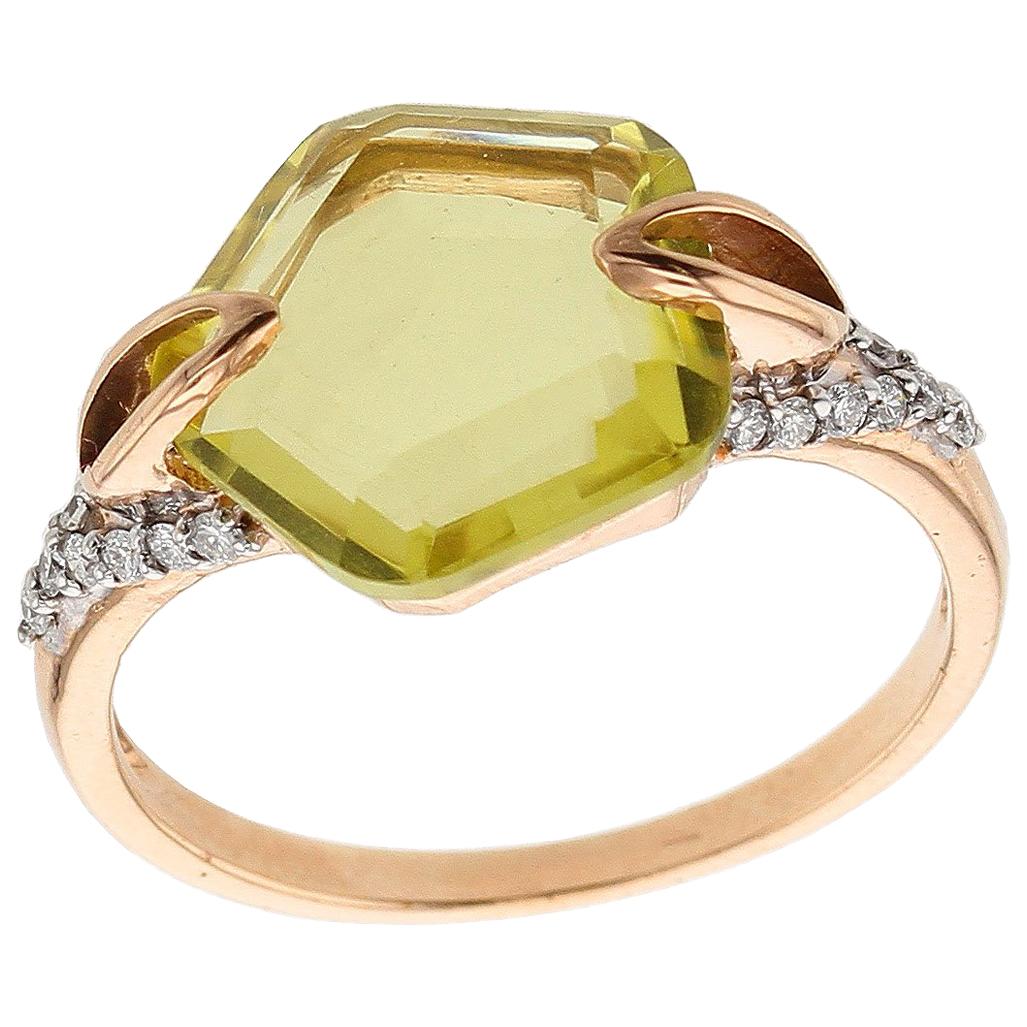 Faceted Lemon Topaz and Diamond Ring, Rose Gold at 1stDibs