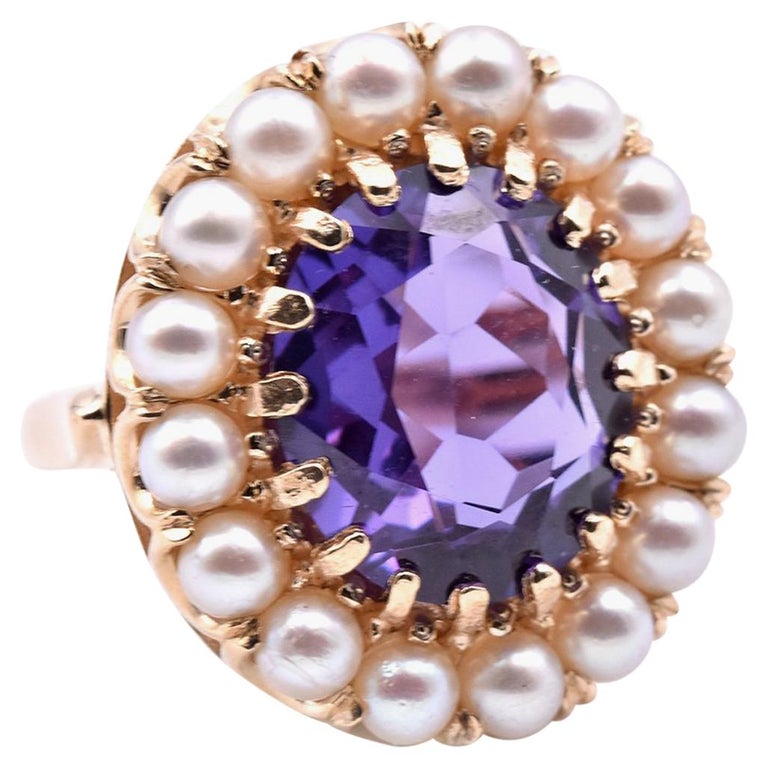 14 Karat Yellow Gold Vintage Amethyst and Seed Pearl Ring at 1stDibs