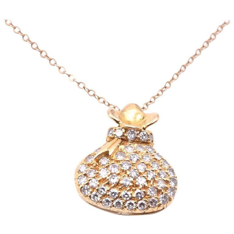 18 Karat Yellow Gold Diamond Money Bag Necklace at 1stDibs